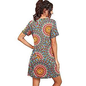 PrinStory Womens Sleepwear Short Sleeve Nightgown Soft Sleepshirt Pleated Nightshirt Scoopneck Casual Loungewear FP-Peacock Blue-Large