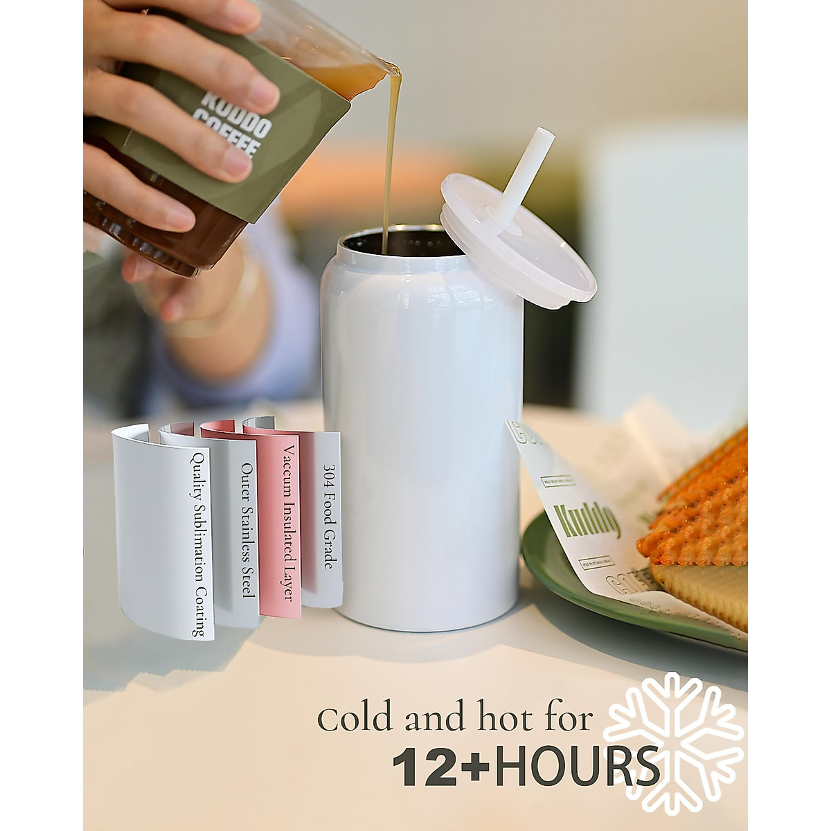 UIRZOTN 6 Pack Glass Cups with Lids and Straws, 16oz Stainless Steels Can Shaped Glass Cups, Beer Cups, Iced Coffee Cups, Smoothie Cup for Whiskey, Soda, Tea, Water, Sublimation Cups with Coaster