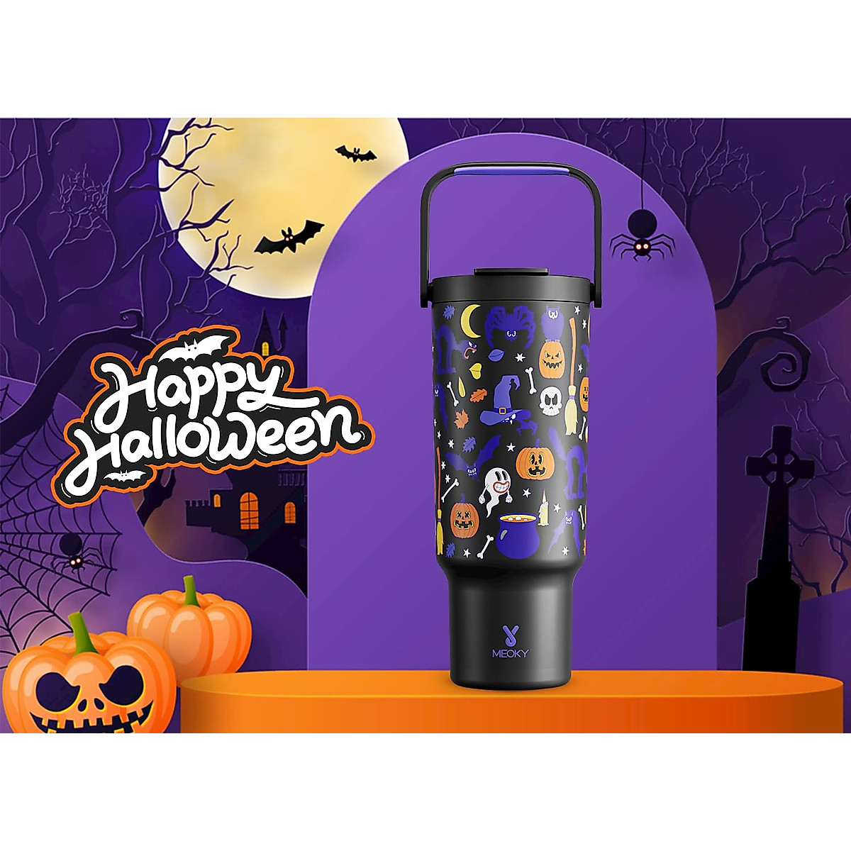 Meoky 40 oz Halloween Tumbler with Handle and Straw, Glow in the Dark Insulated Water Bottle, Stainless Steel Travel Mug, Keeps Cold for 34 Hours, Fits in Car Cup Holder (Haunted Pumpkin)
