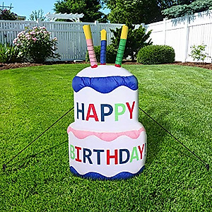 Sunnydaze 4-Foot Happy Birthday Cake Inflatable Decoration - Fan Blower and LED Lights