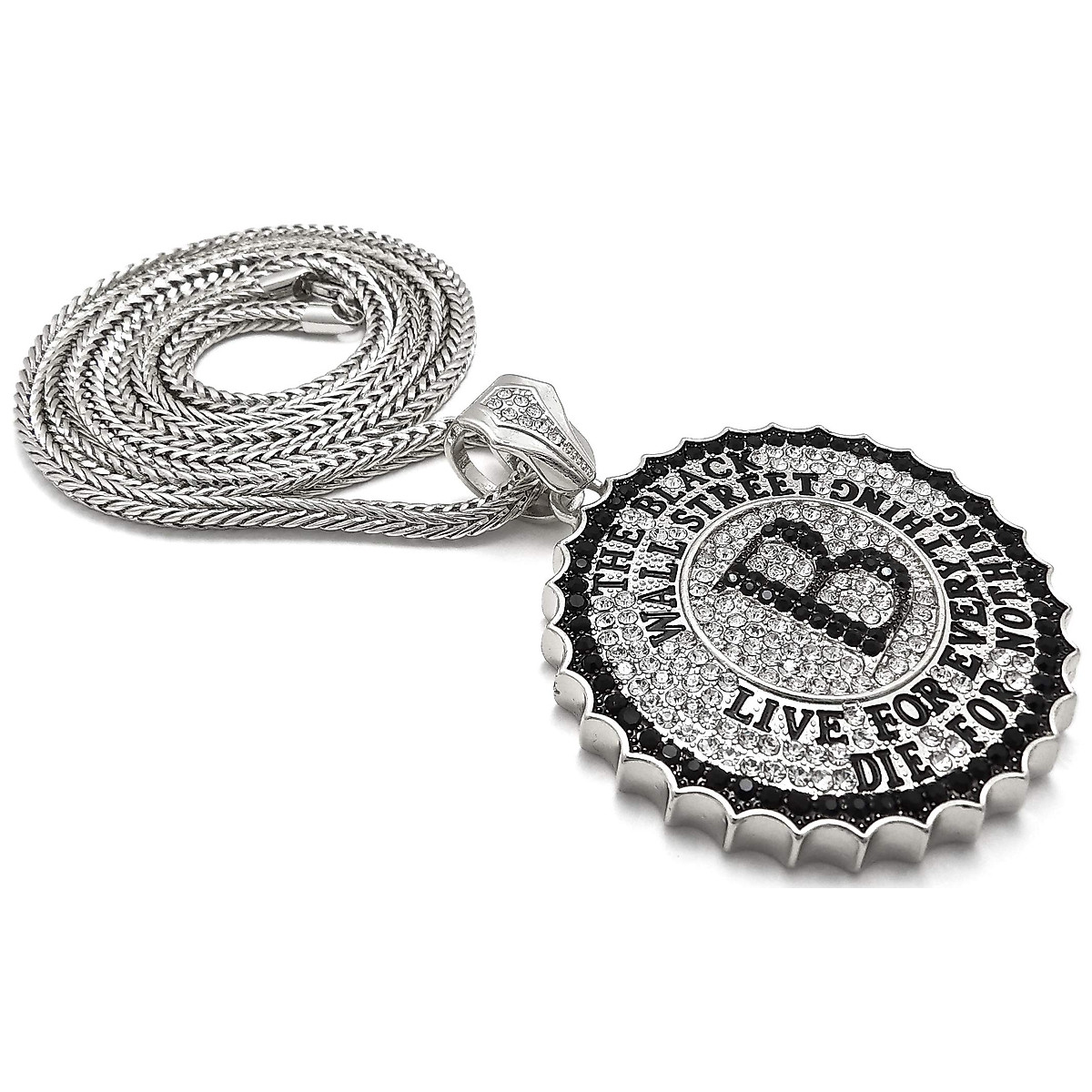 GWOOD Black Wall Street Pendant with Crystal Rhinestones and Silver Color 36 Inch Franco Necklace