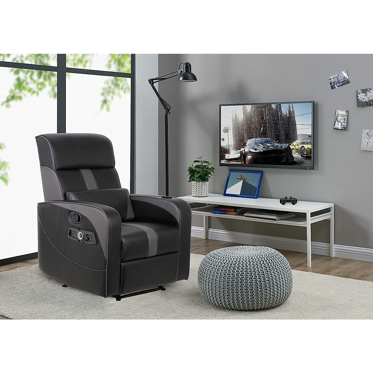 X Rocker Gamma Recliner Gaming Chair, 2.1 Bluetooth Audio System, Headrest Mounted Speakers, Built-in Footrest and Cupholder, 718001, 34.84" x 39.37" x 30.31", Black