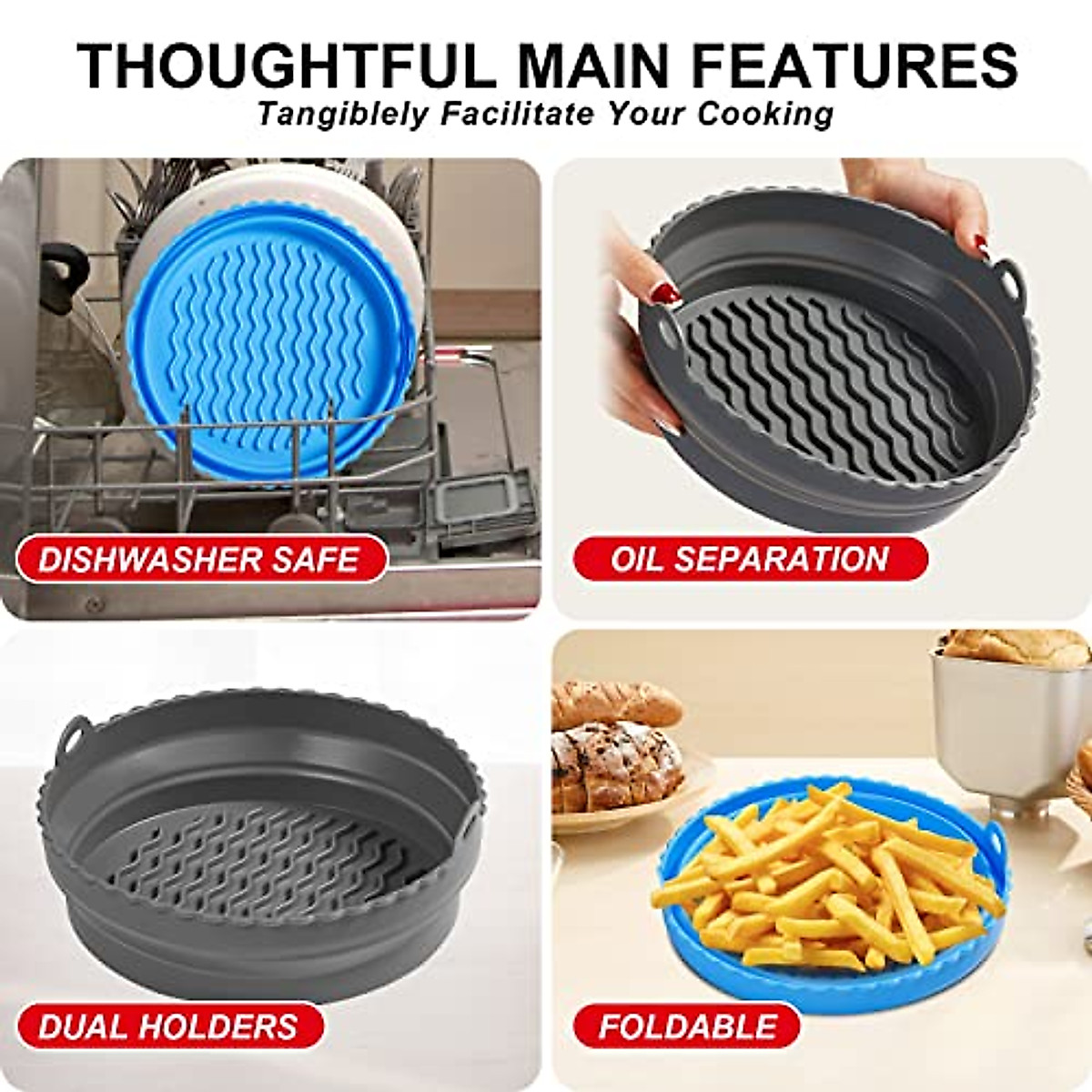 Greenby 2PCS Reusable & Foldable Silicone Air Fryer Liners for 4-6QT 8-9inch Air Fryer Basket Food Safe BPA Free Dishwasher Safe Heat Resistant Replacement for Flammable Paper Liner (Blue&Grey)
