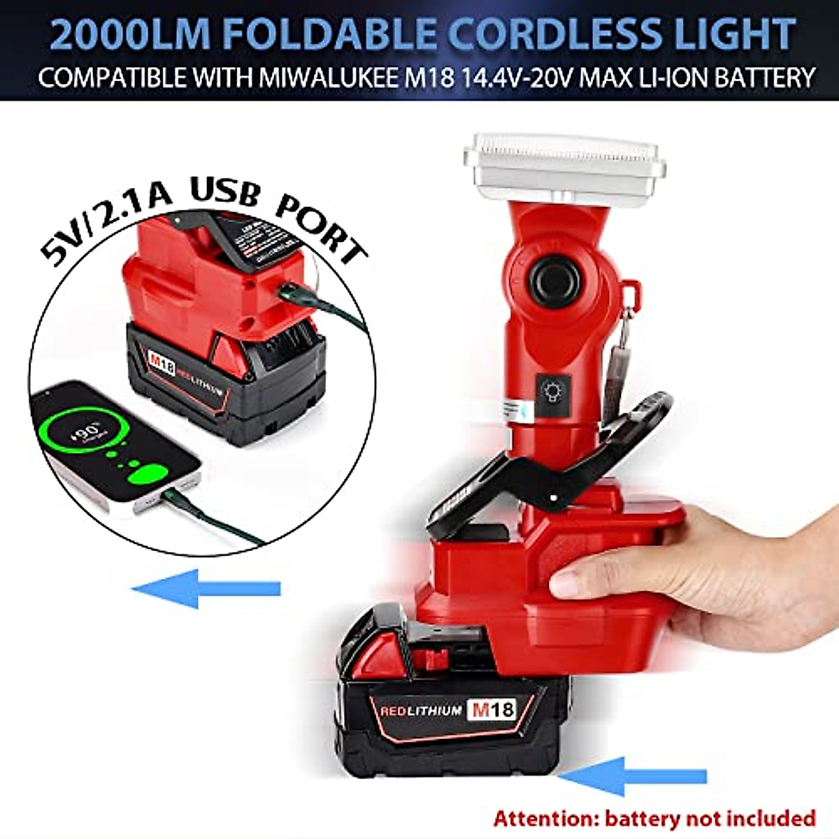 WaxPar 2000LM for Milwaukee Light for Milwaukee M18 18V Lithium Battery 18W Cordless Lantern Floodlight Spotlight with 110° Pivoting,300° Rotate, Clip Design, USB Port