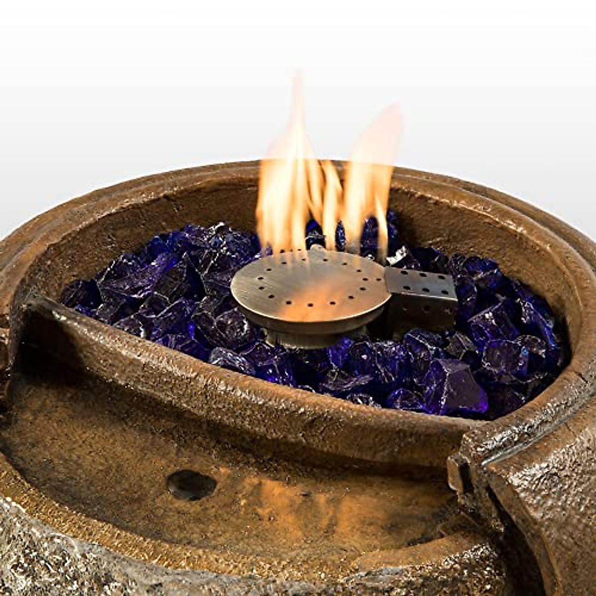 Teamson Home Large Outdoor Water Fountain Pot with Fire Pit and Fire Glass, Brown