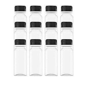AQSXO 12 Pcs 2 OZ Mini Plastic Juice Bottles, Reusable Bulk Beverage Containers, Comes Black lid, for Juice, Milk and Other Beverages.