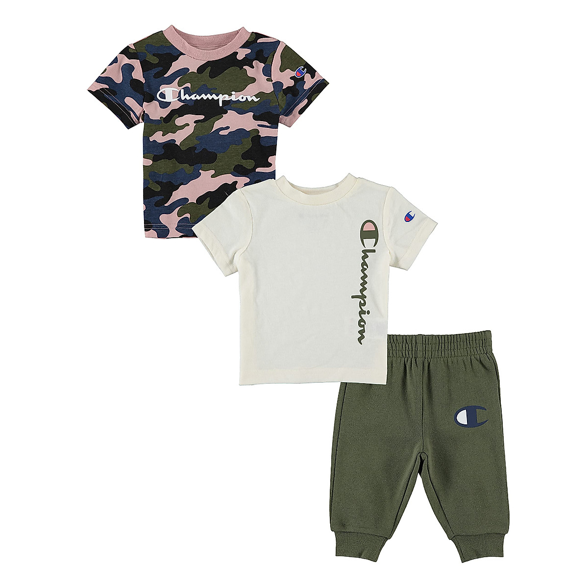 Champion Sets Baby Boy Newborn Two Tees and Fleece Pant 3 Piece Set Baby Clothes (Desert Camo SS/Natural SS/Cargo Olive Fleece, 0-3 Months, 3_months)