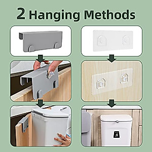 PILITO Kitchen Cabinet Door Hanging Trash Can with Lid, 2.4 Gal, Small Under Sink Garbage Can for Restroom, Bathroom, RV Kitchen Trash Bin, Wall Mounted Counter Waste Compost Bin, Plastic (Grey)