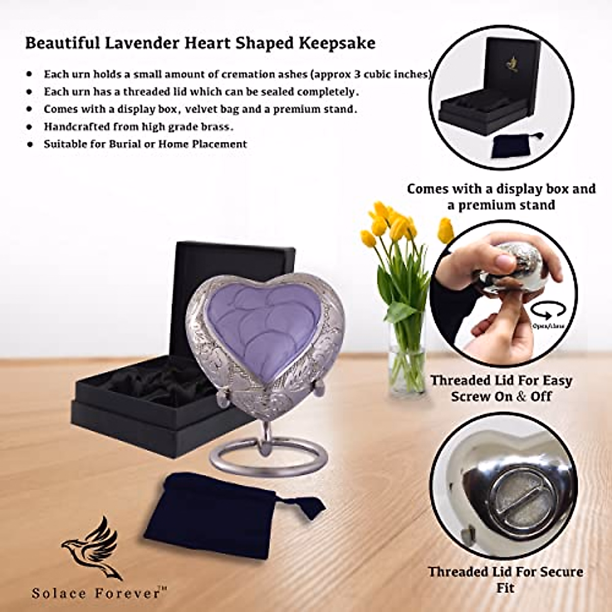 Lavender Heart Keepsake Urn - Heart Cremation Urn for Human Ashes - Small Urn with Box & Heart Urn Stand - Honor Your Loved One with Mini Lavender Urn Heart Shaped - Purple Urn for Men & Women