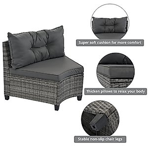 Merax 8-Pieces Outdoor Wicker Round Sectional Curved Sofa Set with Rectangular Coffee Table, PE Rattan Water-Resistant and UV Protected, Movable Cushion, Half-Moon Style, Grey_8Pcs