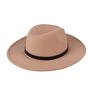 Dantiya Women'/s Wide Brim Wool Fedora Panama Hat with Belt Black, One Size (Camel)