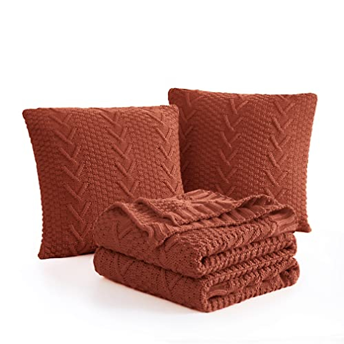 Aormenzy Knitted Throw Blanket (50" x 60") and 2 Pillow Covers (18" x 18"), 3 Piece Rust Throw Blanket Set, Decorative Throw Blankets for Couch Sofa Bed Living Room