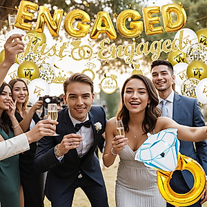32 Pcs Gold Engagement Party Decorations Just Engaged Banner Diamond Ring Balloons White Gold Engagement Backdrop White Gold Just Married Decorations Kit for Bachelorette Bridal Engagement Party