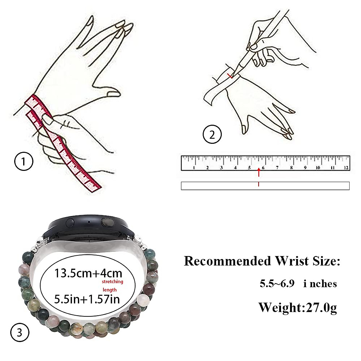 KAI Top Beaded Bracelet Compatible with Samsung Galaxy Watch 7 6 5 4 Band 40mm 44mm/Watch 6 Classic 43mm 47mm/Watch 5 Pro 45mm/Watch 4 Classic/Active 2 Band, 20mm Elastic Stretchy Wristband for Women