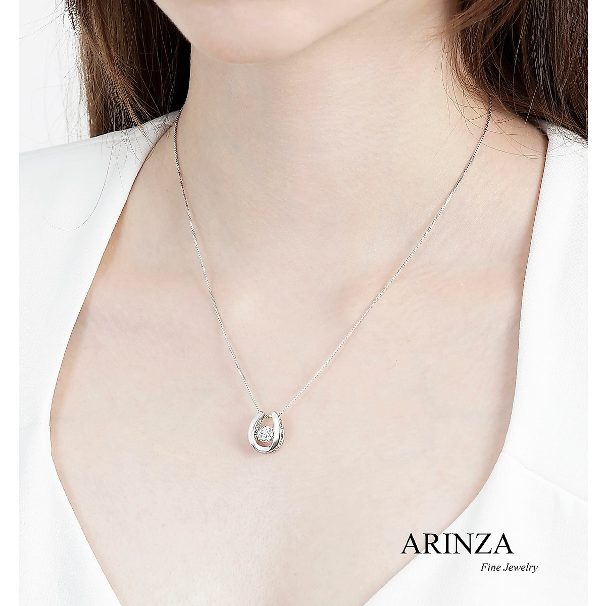 ARINZA Silver Necklace for Women, Dancing Diamond Cubic Zirconia, Horseshoe Pendant with 18+2 Inch Chain, Anniversary Birthday Gifts for Women, Wife, Mom, Girlfriend, Lady