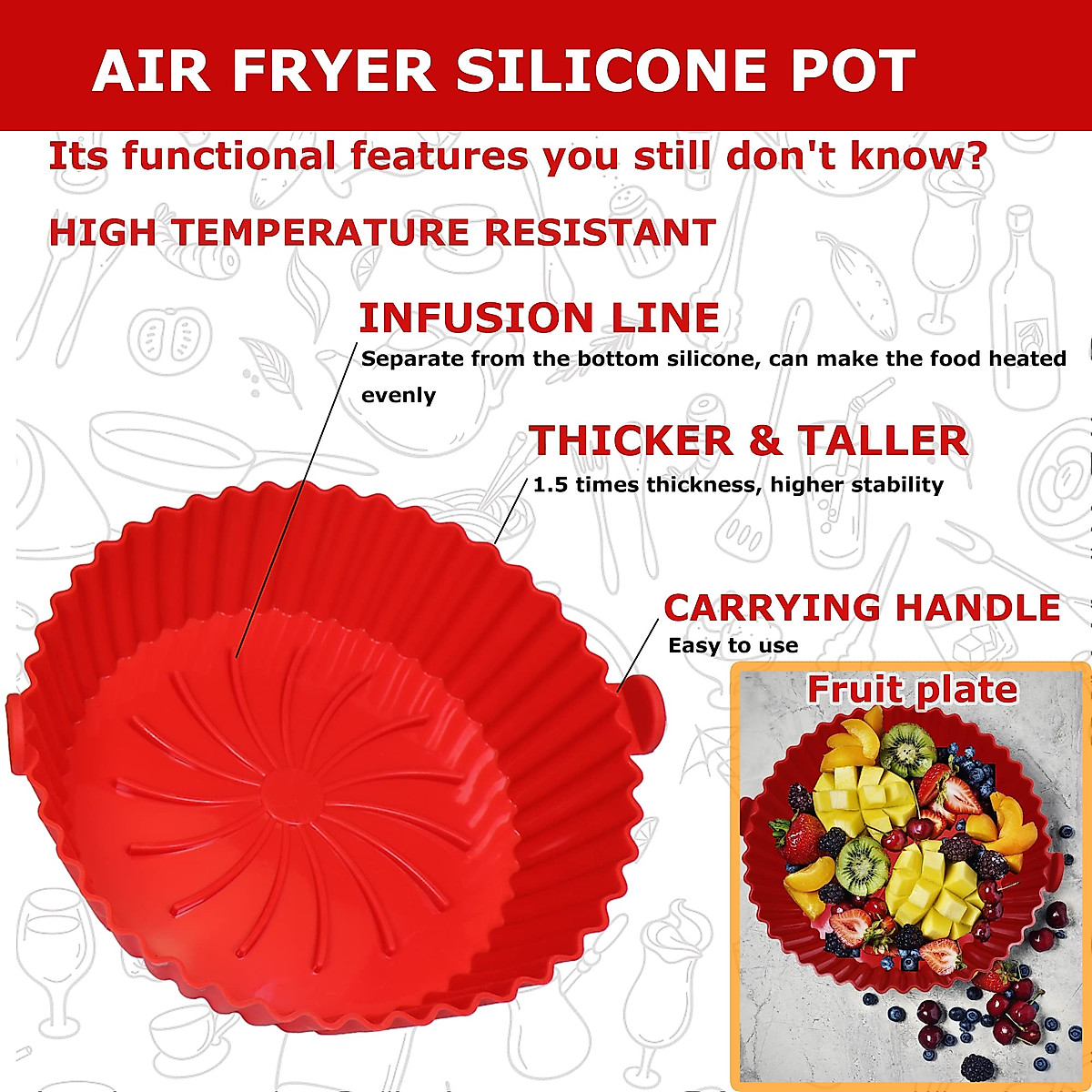 7.8"Air Fryer Silicone Pot Replaces Flammable Parchment Liner, Reusable Air Frying Pan Oven Accessories Circular Tray, Round Tray Suitable for Dishwasher Fridge Oven Outdoor Fruit Basket(Red)