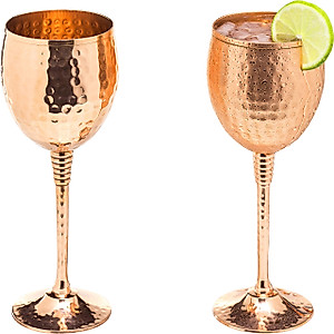 Copper wine glasses set of 2 – 11oz gleaming 100% solid hammered copper wine cups on brass copper plated stems – a gift for men and women – great glasses for red or white wine and Moscow mules