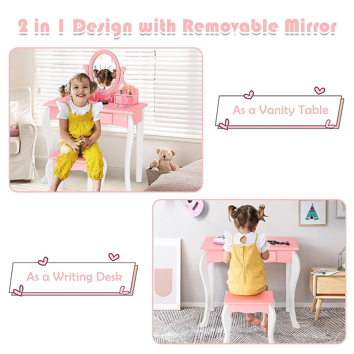 HONEY JOY Kids Vanity and Stool Set, Toddlers Pretend Play Vanity Set with 3 Drawers, 360° Rotating Oval Mirror, Wooden Girls Makeup Dressing Table for Bedroom Playroom, Gift for Little Girls (Pink)
