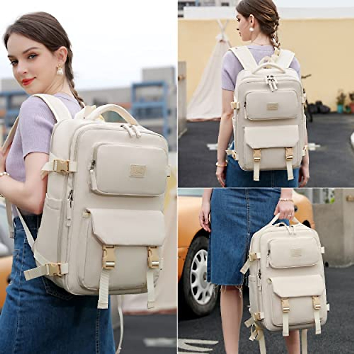 Travel Laptop Backpack, Business Work Backpacks Large College Bookbag for Women Men Water Resistant Daypack Airline Approved Gym Bag Fits 17 Inch Notebook & Laptops - Beige