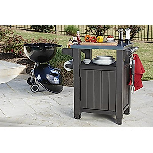 Keter Unity Portable Outdoor Table and Storage Cabinet with Hooks for Grill Accessories-Stainless Steel Top for Patio Kitchen Island or Bar Cart