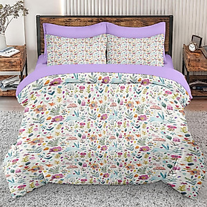 Pinbeam 5 Pcs Comforter Set Twin Size, Vintage Flower Mushroom Bed in a Bag with Flat Sheet and Fitted Sheet for Kids and Adults, Cute Botanical Plant Birds Bedding Set with Pillowcase & Sham