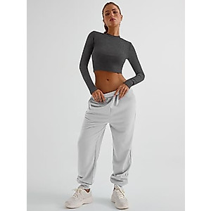 Trendy Queen Womens Long Sleeve Crop Tops Basic Ribbed Slim Fitted Shirts Casual Fall Fashion Y2k Teen Girl Clothes Black Grey S