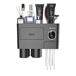 iHave Toothbrush Holder for Bathroom Storage, 2 Cups Toothbrush Holder Wall Mounted with Toothpaste Dispenser Bathroom Set, Large Capacity Tooth Brushing Holder Bathroom Organization and Storage