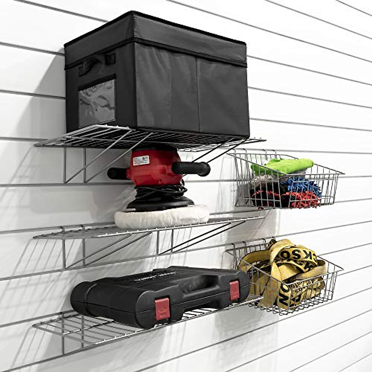 Proslat 11003 Garage Organizer Value Pack with 3 Shelves and 2 Steel Baskets, Designed for Proslat PVC Slatwall Chrome