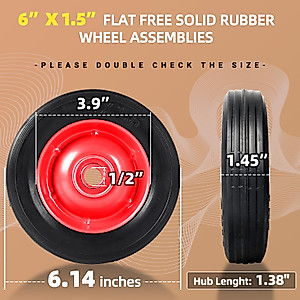 (2-Pack) AR-PRO 6” x 1.5” Flat Free Solid Rubber Wheel Assemblies - Replacement Hand Truck Wheels with Ball Bearings and 1/2” Bore Hole Diameter - Heavy-Duty Solid Rubber Wheels 132 lbs Load Capacity