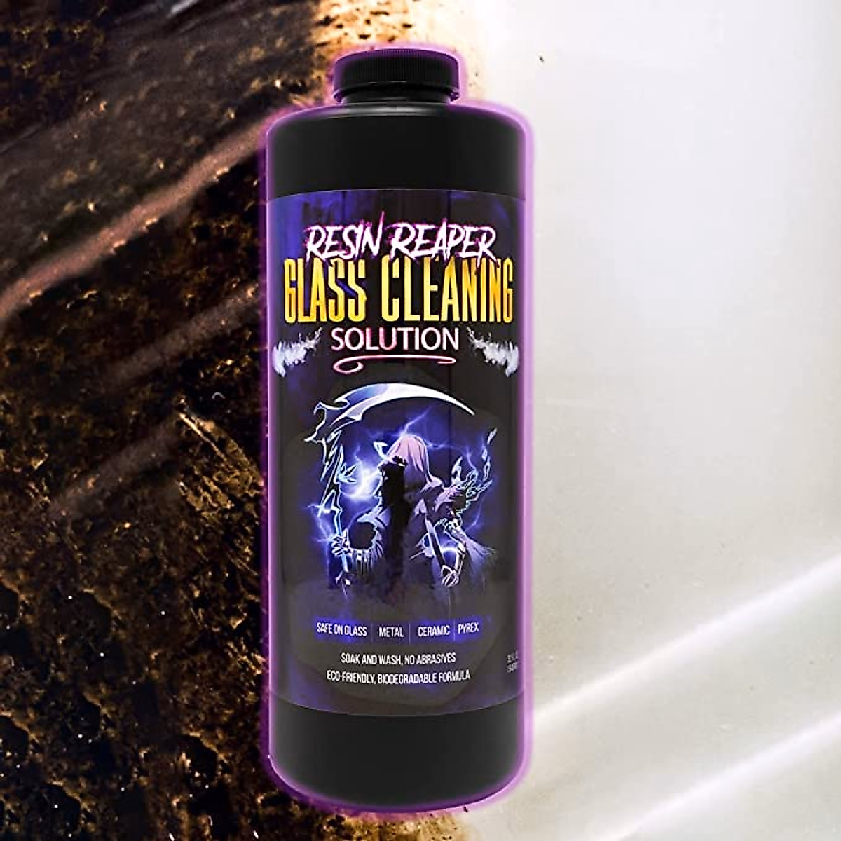 Resin Reaper Glass Cleaner 32 OZ | Pipe Cleaner | Safe on Glass, Metal, Ceramic, and Pyrex | 420 710 Friendly Cleaning | Soak and Wash - No Abrasives - Eco-Friendly, Biodegradable Formula