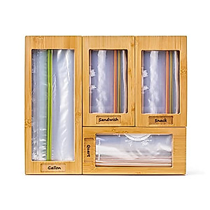 UNEXZON Bamboo Ziplock Bag Storage Organizer For Kitchen Drawer. Ziploc & Plastic Bag Holder, Baggie Organizer Compatible With Gallon, Quart, Sandwich & Snack Variety Size Food Bags (1 Box 4 Slots)