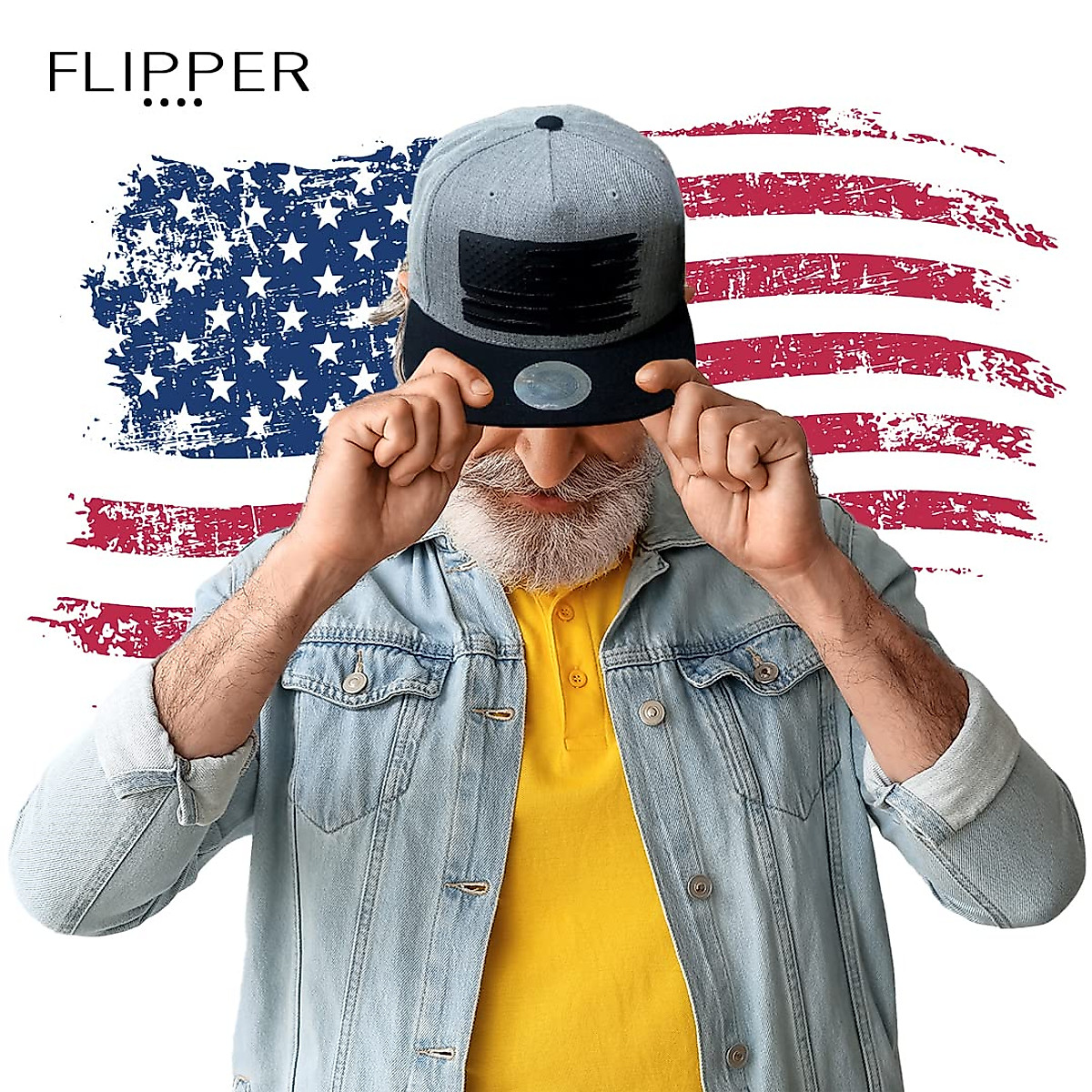 Flipper USA American Flag Flat Brim Bill Baseball Cap Classic Snapback Hat for Men Women Version.2 with 3 Sizes (Gray/Black, Large (22 3/8" ~ 23 1/8"))