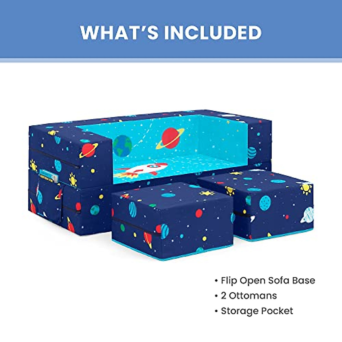 Delta Children Convertible Sofa & Play Set for Kids and Toddlers – Modular Foam Couch and Flip Out Lounger with 2 Ottomans, Space