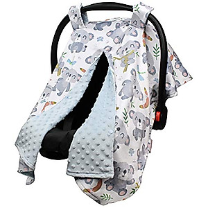 Baby Car Seat Canopy Cover - Baby Koala Bears & Butterflies with Light Blue Minky Dot