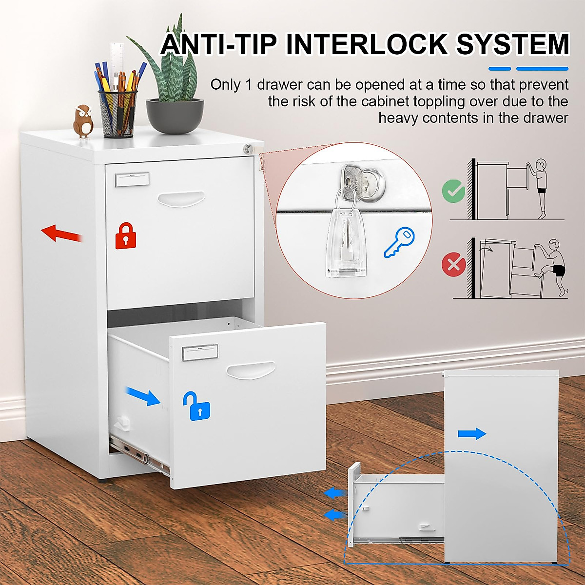 2 Drawer Filing Cabinet with Lock, Vertical White Metal File Cabinet for Home Office, Modern Locking Steel File Storage Cabinet Narrow Files Cabinets for Hanging A4/Legal/Letter Size-Assembly Required