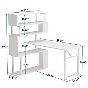 Tribesigns Rotating Computer Desk with 5 Shelves Bookshelf, Modern L-Shaped Corner Desk with Storage, Reversible Office Desk Study Table Writing Desk on Wheels for Home Office (White)