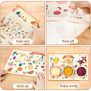 60 Pack Disposable Placemats for Baby & Toddle, 12" x 18" Restaurant Table Mats, Sticky Kids Placemat for Picnic Table, Party, Travel, Fruit Alphabet Theme