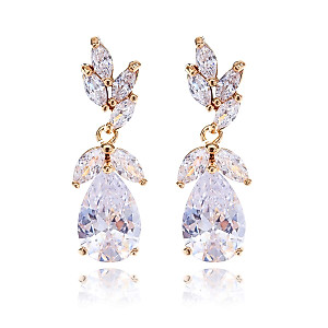Women's Cubic Zirconia Bridal Earring - Elegant Gold Plated Teardrop Cluster Floral Leaf CZ Crystal Rhinestone Wedding Earring for Bride