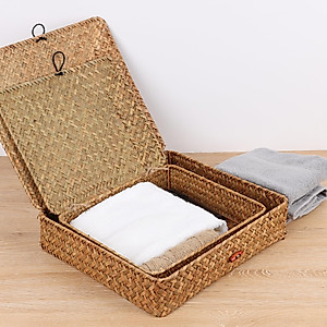 Moosky Flat Wicker Shelf Baskets with Lid, Seagrass Woven Basket Boxes for Storage Basket Bins Multipurpose Home Decor Organizer (Natural Set of 2)