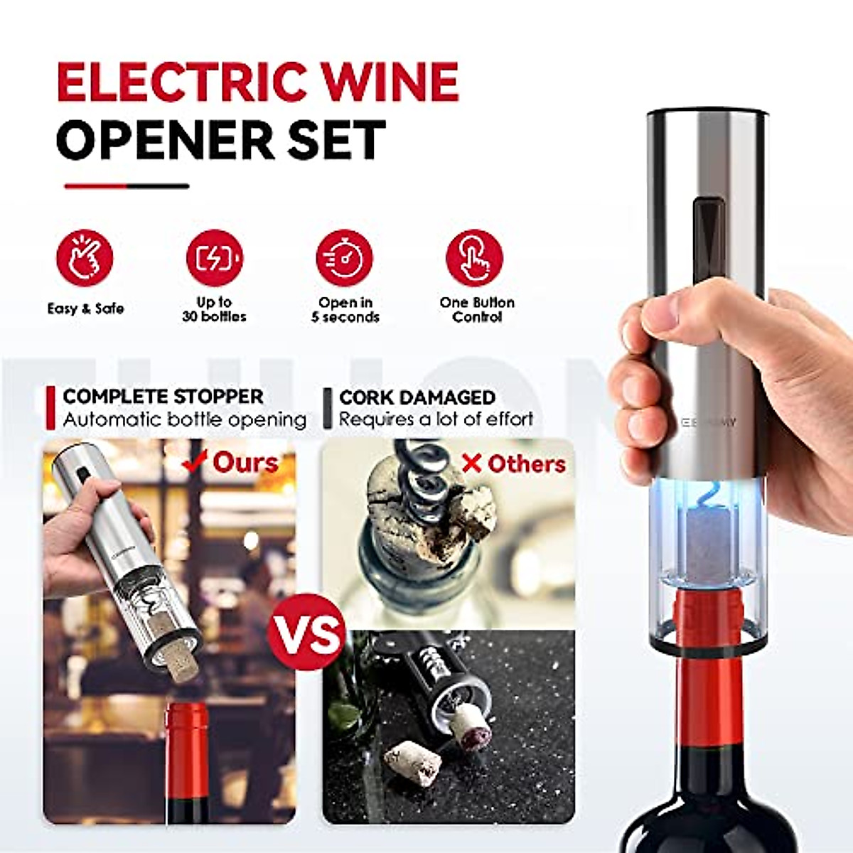 EUHOMY Electric Wine Opener with USB Charging,Reusable Stainless Steel Cordless Electric Wine Bottle Opener SET with 2-in-1 Aerator &Pourer, Foil Cutter, Vacuum Preservation Stoppers