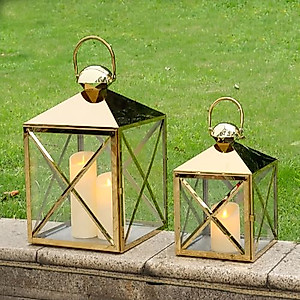 TRIROCKS Set of 2 Stainless Steel Candle Lanterns-19x12''&13x8'' High, Elegant Outdoor Metal Candle Holders with Tempered Glass for Home Decor, Living Rooms, Parties, and Indoor/Outdoor Events (Gold)
