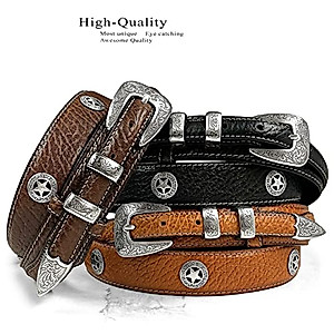 Silver Engraved Ranger Star Concho Genuine Leather Western Ranger Belt (Black, 36)
