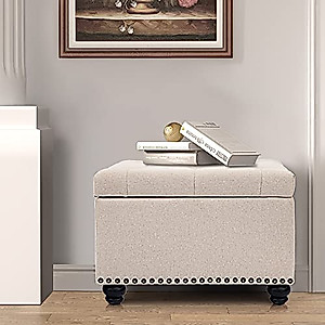 Homestripe 24 Inch Modern Tufted Bedroom Storage Ottoman Bench, Linen Lift Top Upholstered Foam Padded Rectangular Footstool, Easy Assemble Ottoman,Beige