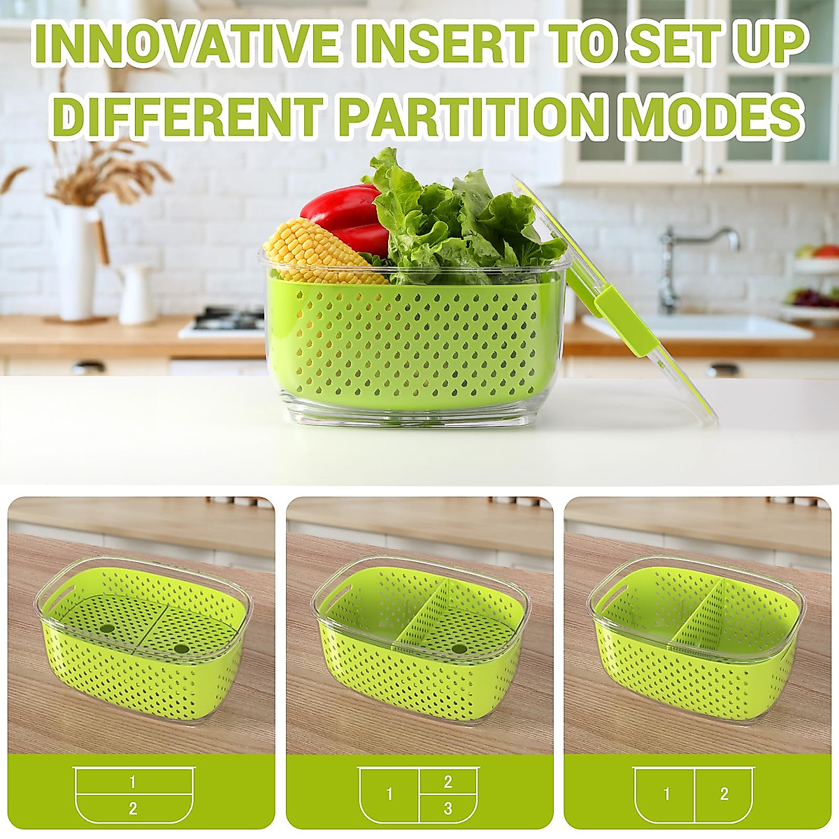 LUXEAR Fresh Produce Vegetable Fruit Storage Containers 3Piece Set, BPA-free Fridge Storage Container, Partitioned Salad Container, Fridge Organizers, Used in Storing Fruits Vegetables Meat Fresh Fish