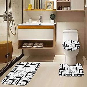 Black Grey Shower Curtain Sets with Toilet Lid Cover and Non-Slip Rugs, Retro Geometric 4 Pcs Shower Curtains for Bathroom, Rectangle Abstract Modern Bathroom Decor