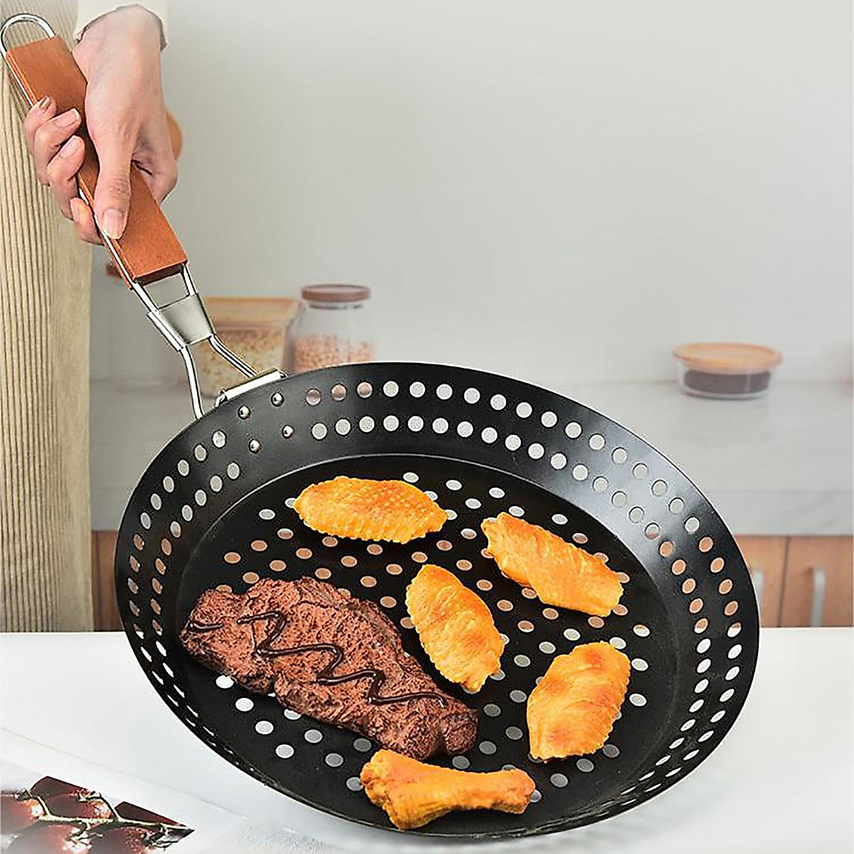 Generic Grill Pan With Folding Handle BBQ Pan, Grill Skillet Pizza Grill Pan (11"") Grill Pan Perfect For Fry Chapati Cooking Vegetables and Seafood, Black