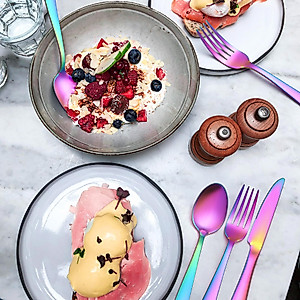 E-far 20-Piece Matte Rainbow Silverware Set, Stainless Steel Flatware Set for 4, Colorful Cutlery Set Include Forks Spoons and Knives for Kitchen Home Restaurant, Satin Finish & Square Edge Handle