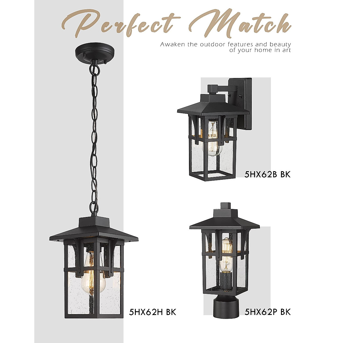 Exterior Post Light, HWH Outdoor Pole Lantern Pillar Light Fixture with Seeded Glass Shade, Matte Black Finish, 5HX62P BK