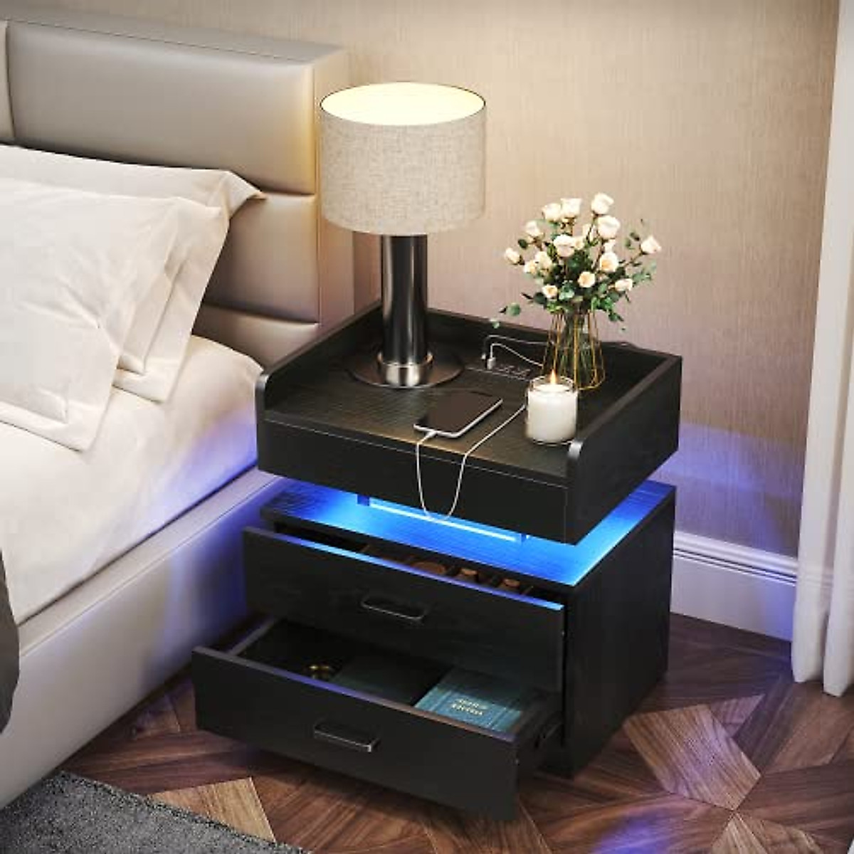 TC-HOMENY LED Nightstand with Voice-Activated Mode, End Table with Charging Station for Bedroom Furniture, Side Bed Table with 2 Drawers (Black)