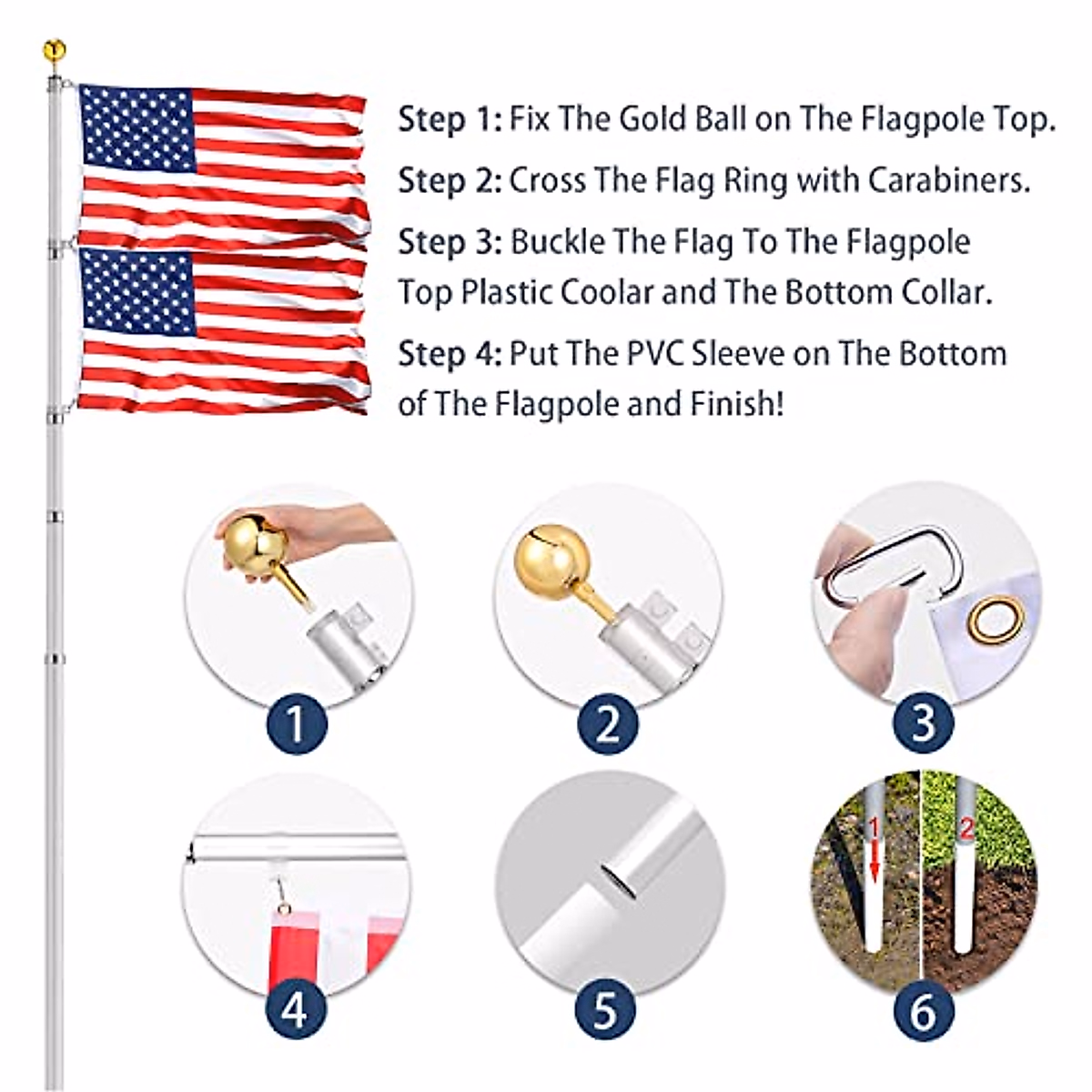 Hooomyai 20FT Telescopic Flag Pole Kit, Heavy Duty Aluminum Telescoping Flagpole Kit Fly 2 Flags, Outdoor In Ground Flagpole with 2 USA Flag & Gold Ball Top for Residential or Commercial, Silver